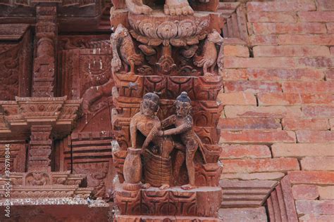 Erotic Sensual Wooden Carvings Of Hindu Gods And Goddesses In A Temple In Kathmandu Nepal