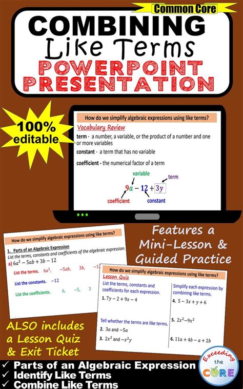 COMBINING LIKE TERMS Simplify Expressions PowerPoint Lesson Practice DIGITAL Simplifying