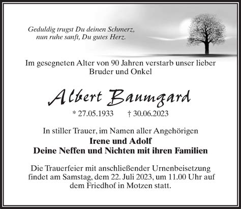 Traueranzeigen Von Albert Baumgard Trauer Anzeigende