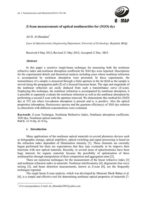 Pdf Z Scan Measurements Of Optical Nonlinearities For 3go Dye