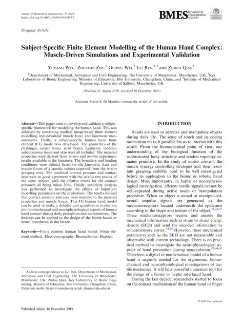 PDF Subject Specific Finite Element Modelling Of The Human Hand Complex Muscle Driven