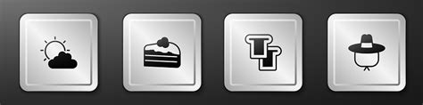 태양과 구름 날씨 케이크 조각 빵 토스트 및 캠핑 모자 아이콘을 설정합니다 실버 스퀘어 버튼 벡터 건강한 식생활에 대한 스톡 벡터 아트 및 기타 이미지 Istock