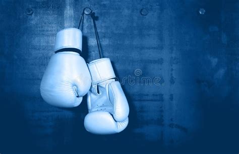 Luvas Brancas De Boxe De Couro Penduradas Na Parede Azul Foto De Stock