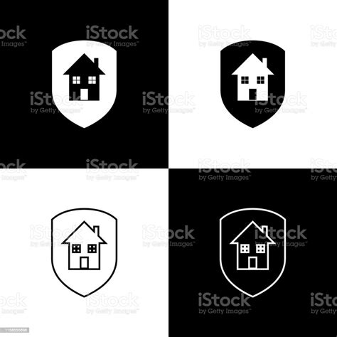 검은 색과 흰색 배경에 격리 보호 아이콘 격리 아이콘에서 집을 설정합니다 집과 방패 보호 안전 보안 보호 방어 개념 벡터 일러스트레이션 0명에 대한 스톡 벡터 아트 및 기타