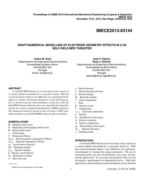Pdf Numerical Modelling Of Electrode Geometry Effects On A 2d Self Field Mpd Thruster
