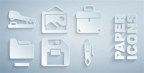 플로피 디스크 서류 가방 문서 폴더 만년필 펜촉 그림 풍경 및 스테이플러 아이콘을 설정합니다 벡터 3차원 형태에 대한 스톡 벡터