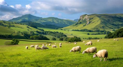 Sheep Grazing In Lush Green Pastures Under A Clear Blue Sky In The