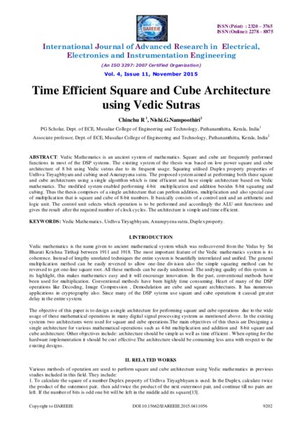 Time Efficient Square And Cube Architecture Using Vedic Sutras