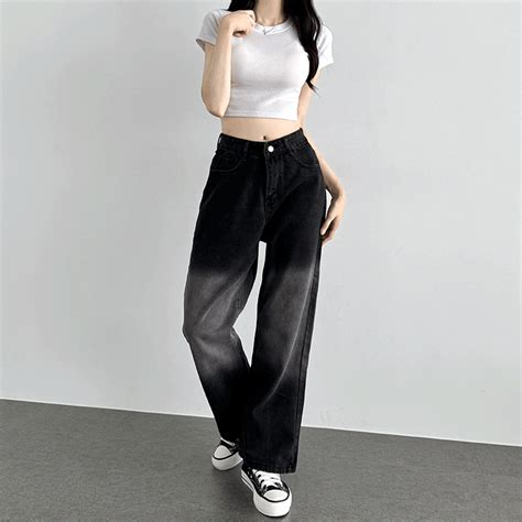 어나더뷰 베이 와이드 롱 흑청 데님 팬츠 워싱 하이웨스트 루즈핏 와이드핏 일자핏 스트레이트 블랙데님 청바지 no A