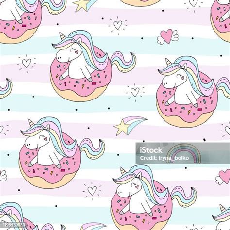 유니콘과 도넛이 있는 매끄러운 패턴 포장지 또는 직물 메뉴 소책자 배너 웹 사이트에 대한 텍스처 벡터 그림입니다 귀여운 여름 프린트 귀여운에 대한 스톡 벡터 아트 및 기타