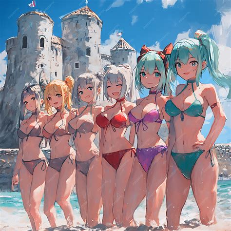 Six Anime Girls In Bikinis Pose By The Sea With A Medieval Fortress In