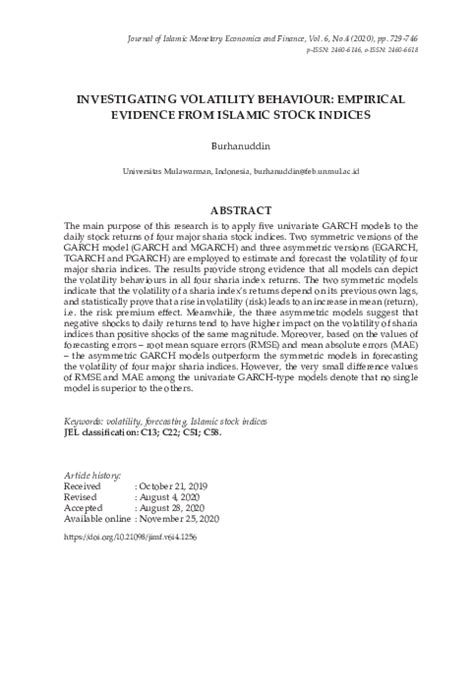 Pdf Investigating Volatility Behaviour Empirical Evidence From Islamic Stock Indices