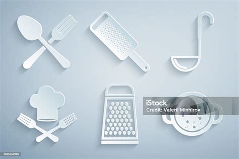 세트 강판 주방 국자 요리사 모자와 포크 냄비에 수프 요리 교차 숟가락 아이콘 벡터 포크에 대한 스톡 벡터 아트 및 기타 이미지 Istock