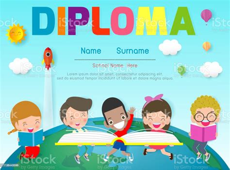 아이 들을 위한 졸업장 템플릿 인증서 유치원 및 초등학교 유치원 아이 들 졸업장 인증서 배경 디자인 서식 파일 벡터 일러스트 레이 션 감탄에 대한 스톡 벡터 아트 및 기타