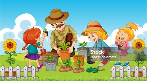 정원에서 나무를 심는 아이와 장면 귀여운에 대한 스톡 벡터 아트 및 기타 이미지 귀여운 꽃 식물 꽃잎 Istock