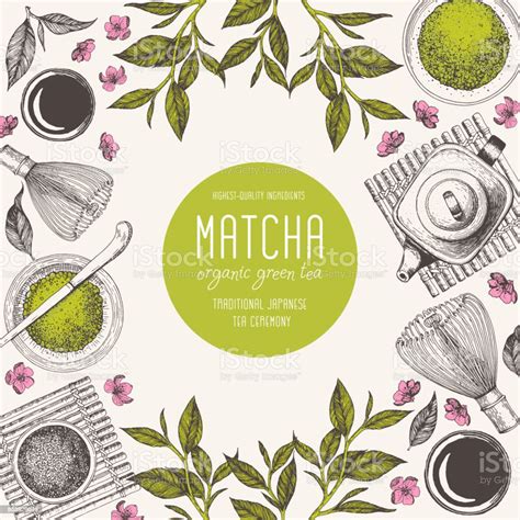 말 차입니다 다도 일본 전통 차가 게에 대 한 벡터 일러스트 레이 션 프레임입니다 빈티지 요소 디자인에 대 한입니다 손으로 그린된 스케치 그림 가루로 빻은에 대한 스톡 벡터