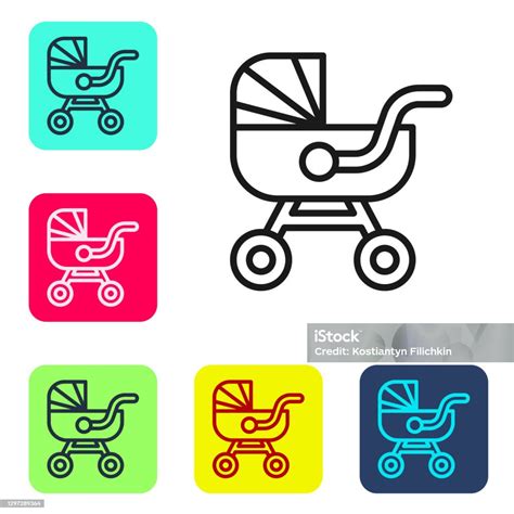 흰색 배경에 격리 된 블랙 라인 유모차 아이콘 유모차 버기 유모차 유모차 바퀴 색상 정사각형 단추로 아이콘을 설정합니다 벡터 0명에 대한 스톡 벡터 아트 및 기타 이미지