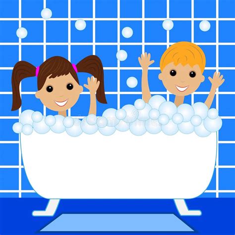 Ванна маленькой девочки и мальчика в ванне с пеной Иллюстрация вектора