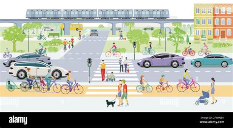 Road Traffic And Cyclists With Pedestrians On The Pedestrian Crossing