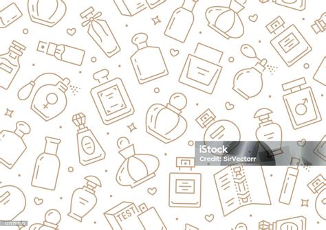 라인 아이콘이 있는 향수 병의 매끄러운 패턴 벡터 배경 일러스트는 유리 분무기로 아이콘을 포함 고급 Parfum 샘플러 에센셜 오일 화장품 상점쾰른 골드 화이트 벽지 0명에