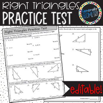 Right Triangles Practice Test EDITABLE Pythagorean Theorem Trigonometry
