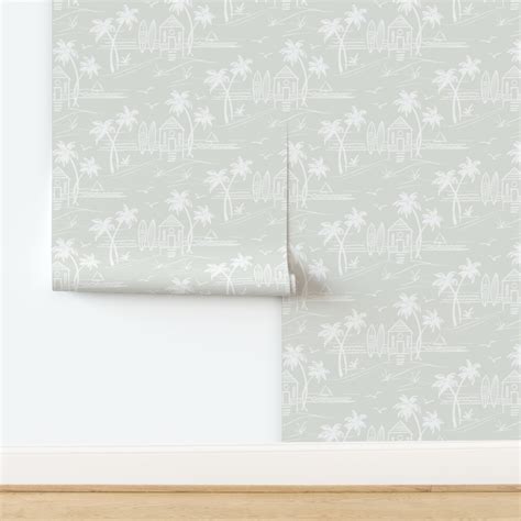 Hand Drawn Beach Hut Seaside Vignette In Cream On Taupe Wallpaper Spoo