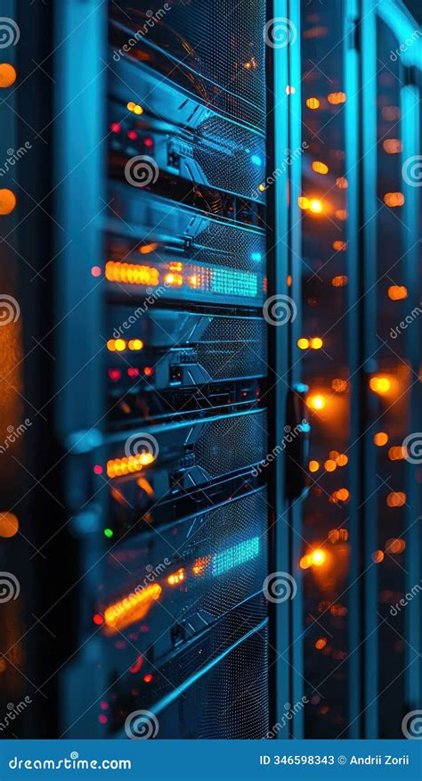 Modern Data Center Technology With Led Lights And Complex Wiring For Network Infrastructure