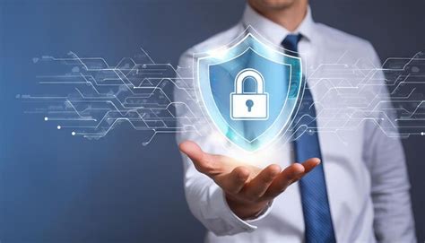 Man Holding Shield And Lock Icon Depicting Network Security Cyber