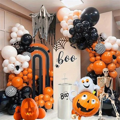 Temu｜크리피 시크 147개 할로윈 풍선 가랜드 키트 스푸키 호박 And 유령 테마 파티 장식용 블랙 앤 오렌지 라텍스 호일 풍선 Nel 2024