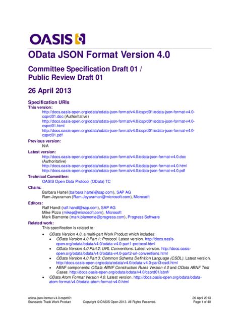 Fillable Online Docs Oasis Open Odata Json Format For Common Schema
