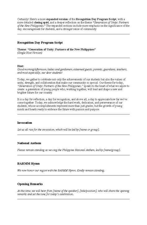 Recognition Day Program Script Unity Theme Expanded Version Studocu