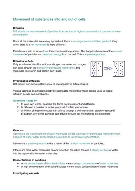 Summary Igcse Gcse Biology Edexcel Revision Notes Pdf Section 2 The Movement Of Substances