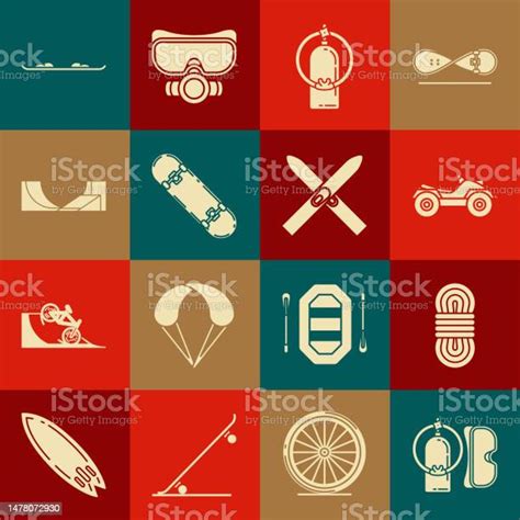 다이빙 마스크와 아쿠아 룽 등산가 로프 모든 지형 차량 또는 Atv 오토바이 Aqualung 스케이트 보드 트릭 공원 스노우 보드 및 스키 스틱 아이콘을 설정합니다 벡터