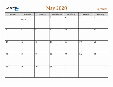 Free May 2028 Barbados Calendar