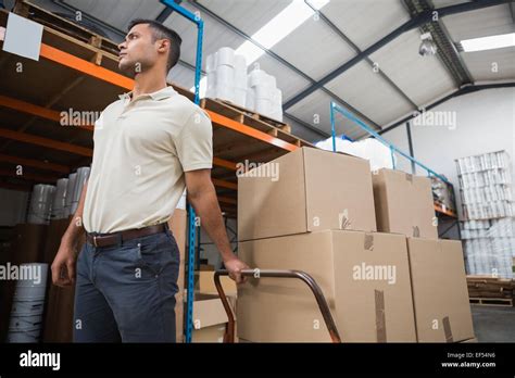 Worker Pushing Trolley With Boxes Stock Photo Alamy