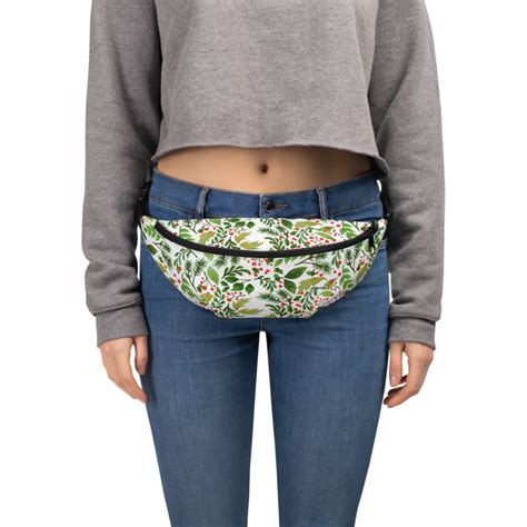 Green White Christmas Fanny Pack Designer Red Berries Floral Print