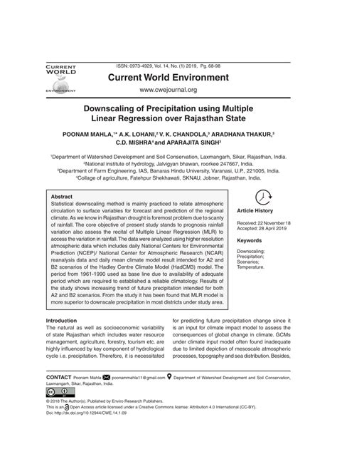 Pdf Downscaling Of Precipitation Using Statistical Downscaling Model