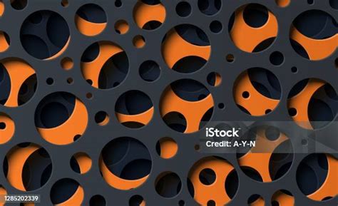 종이 컷 스타일로 다양한 크기의 원이 잘라추상 배경 둥근 구멍이 있는 3d 배경레이어 진한 회색과 주황색 모양의 벡터 카드 일러스트레이션이 골판지에서 잘라냅니다 구멍에 대한