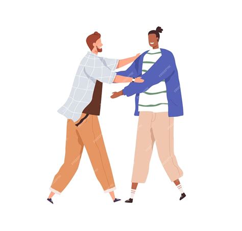 행복한 사람들은 서로 만나 포옹하며 인사를 나눕니다 미소와 기쁨으로 환영하는 남자들 남자 친구 모임 인종 간 우정