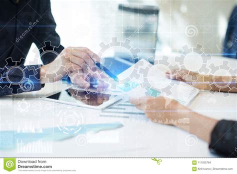 Gears On Virtual Screen Business Strategy And Technology Concept Automation Process Stock