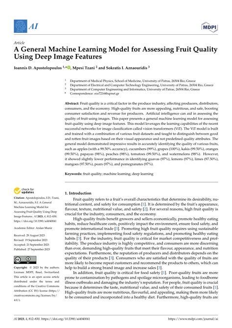 Pdf A General Machine Learning Model For Assessing Fruit Quality Using Deep Image Features