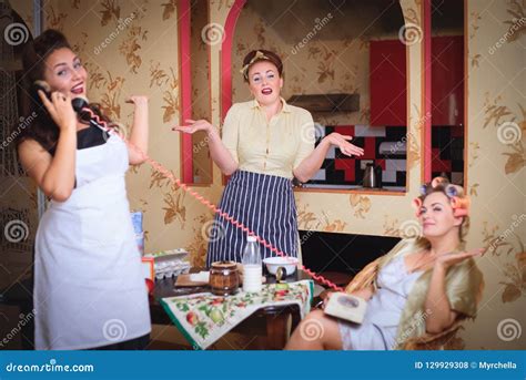 Scene With Women Fun Talking To Each Other In The Kitchen Retro Style