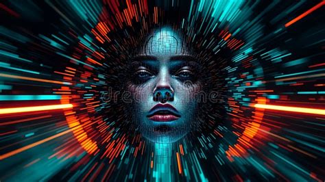 Digital Woman Emerging From A Burst Of Light And Data Streams Stock Illustration Illustration