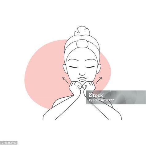 마사지 화살표 라인 아이콘을 따라 손가락으로 턱 피부를 마사지하는 모델 소녀 그리기에 대한 스톡 벡터 아트 및 기타 이미지 그리기 단순함 사람 얼굴 Istock