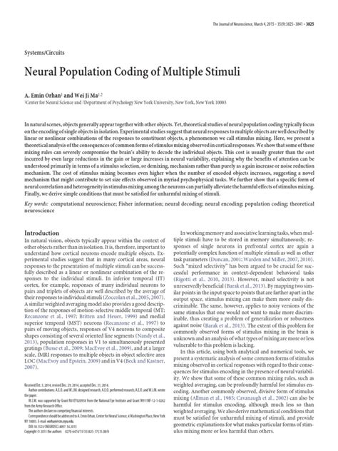 Orhan And Ma 2015 Neural Population Coding Of Multiple Stimuli Pdf