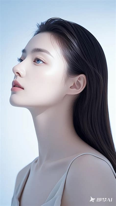 人像摄影，135mm特写镜头，面部特写，看得见头顶，柔光冷白皮肤，浅色衣服，极简，纯白背景，轮廓光， 花瓣网