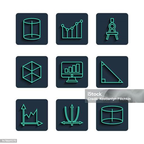 선 그래프 일정 차트 다이어그램 기하학적 도형 실린더 드로잉 나침반 그래프 큐브 및 삼각형 수학 아이콘이있는 컴퓨터 모니터를 설정합니다 벡터 개념에 대한 스톡 벡터 아트 및
