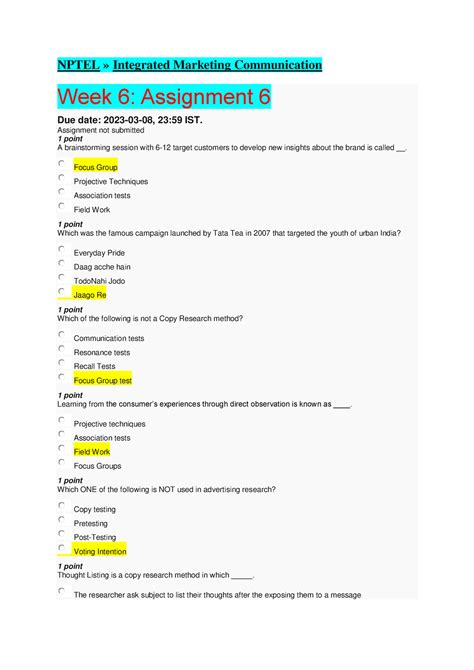 Integrated Marketing Week 6 NPTEL Integrated Marketing Communication Week 6 Assignment 6
