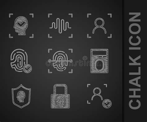 Set Fingerprint With Lock Face Recognition User Protection And Icon Vector Stock Vector