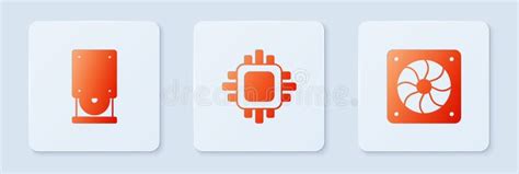 Set Processor With CPU Optical Disc Drive And Computer Cooler White Square Button Stock Vector